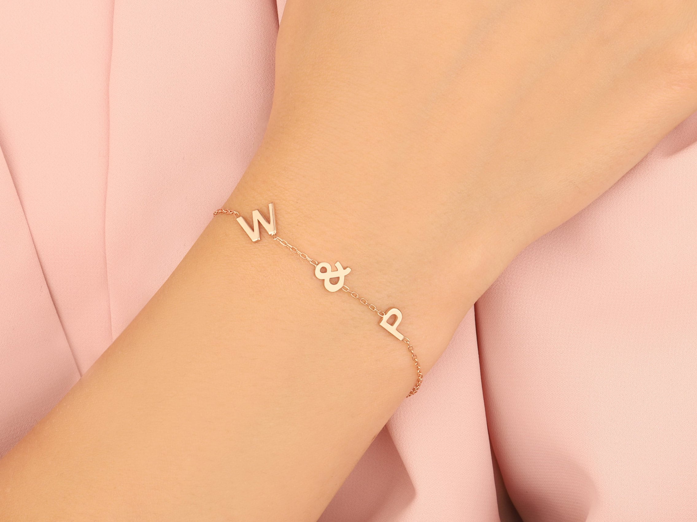 14K Solid Gold Letter Bracelets Silver Family Name Initial - Etsy