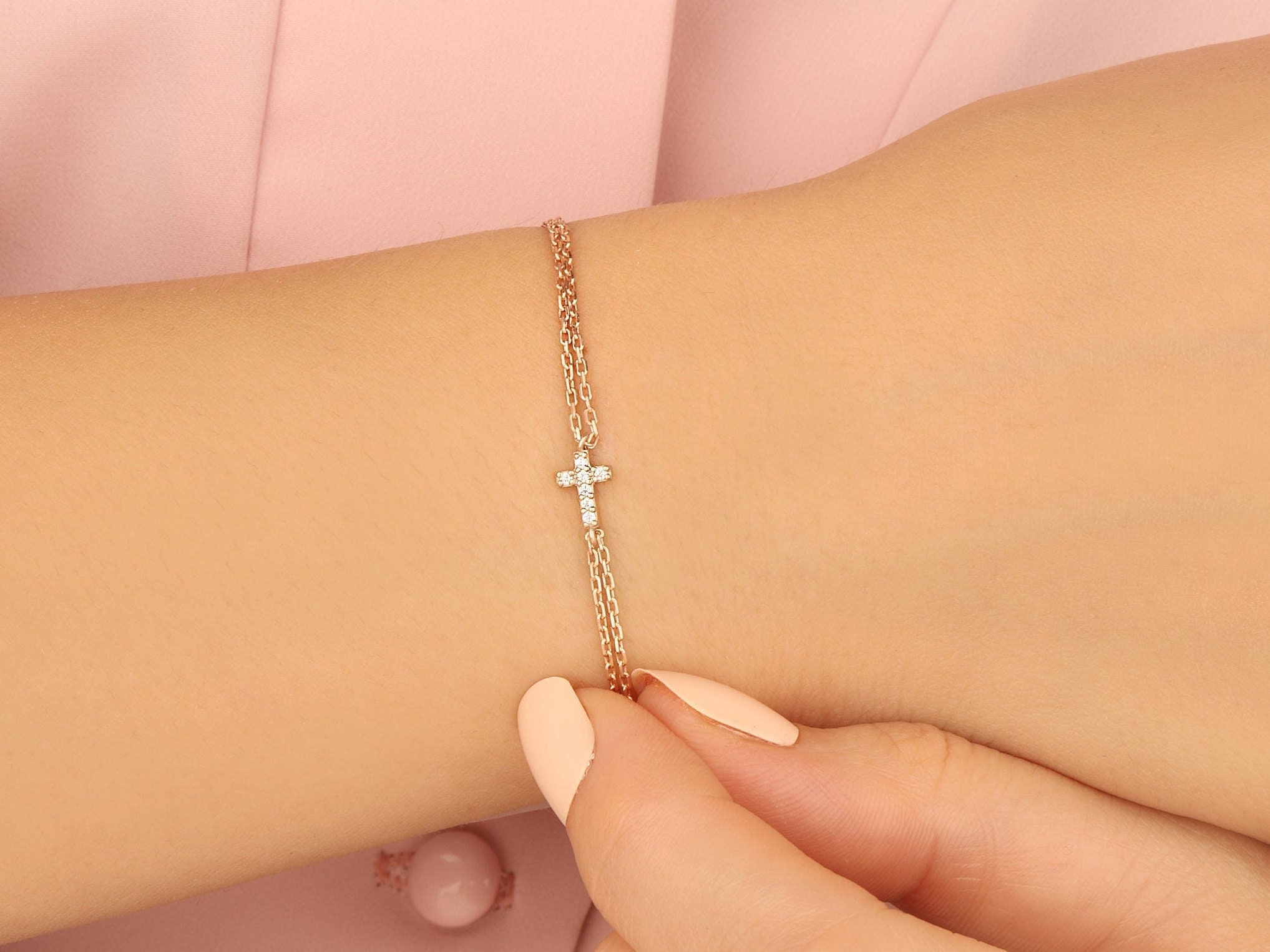 18K Gold Diamond Cross Bracelet, Silver Zircon Diamond Cross 18K Gold Diamond Cross Bracelet, Silver Zircon Diamond Cross