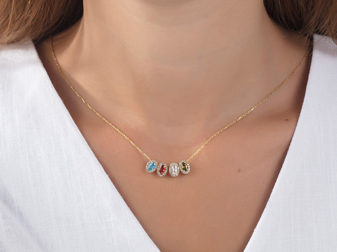 Solid Silver Oval Birthstone Necklace, 14K Gold Multiple Birthstone ...