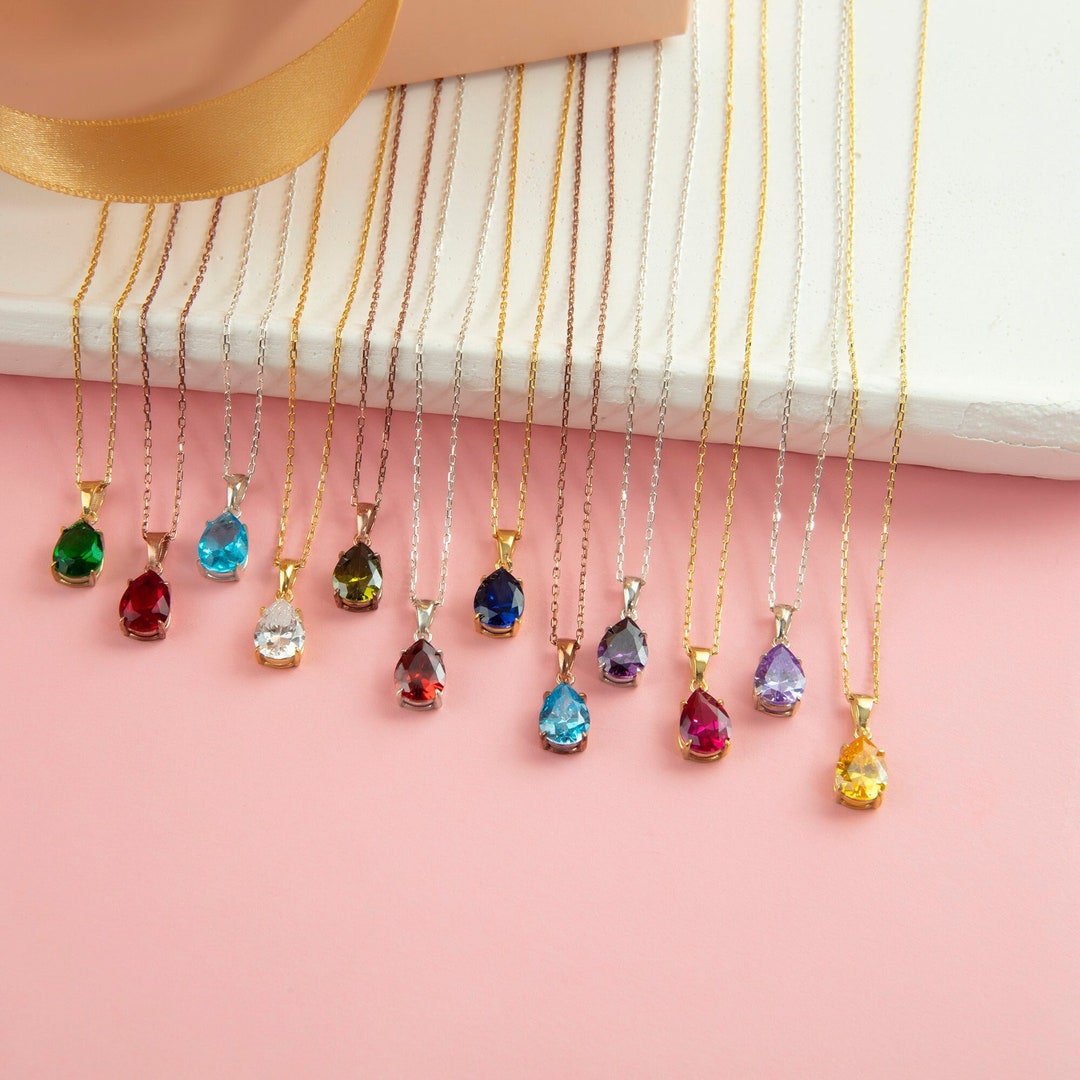 14K Gold Pear Birthstone Necklace: Teardrop Gemstone Pendant - Etsy