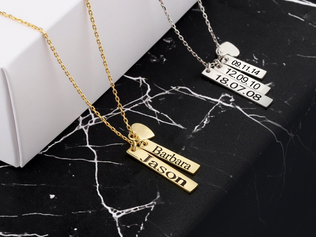 14K Gold Name Bar Necklace, Silver Multiple Name Necklace, Personalized ...