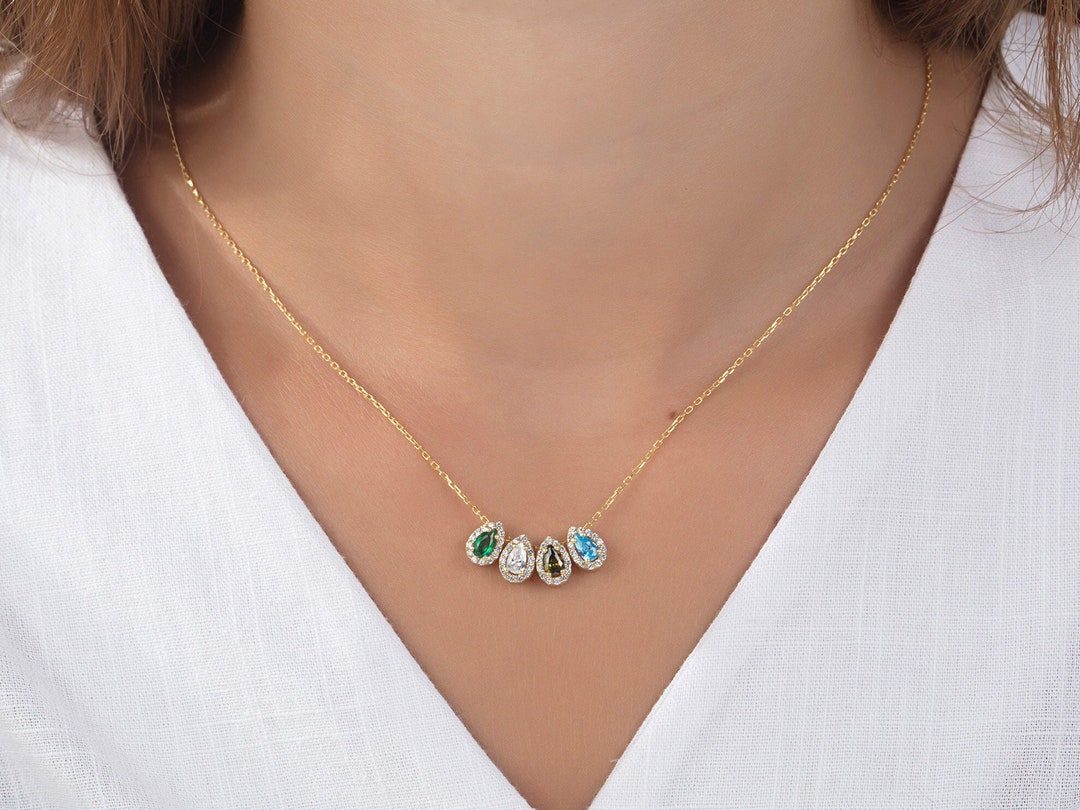 14K Gold Pear Birthstone Necklace, Silver Multiple Gemstone Charm ...