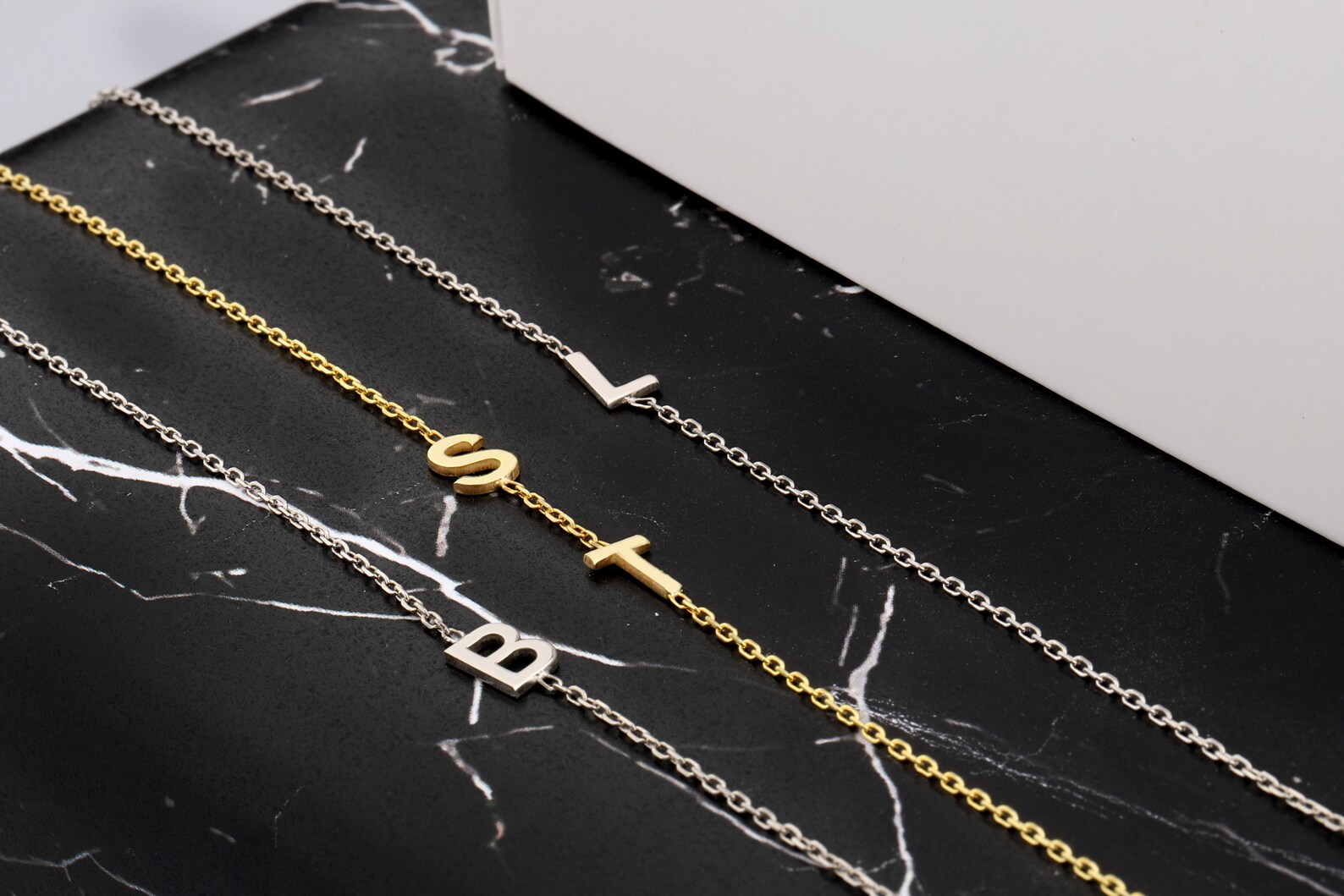 14K Solid Gold Letter Bracelets Silver Family Name Initial - Etsy