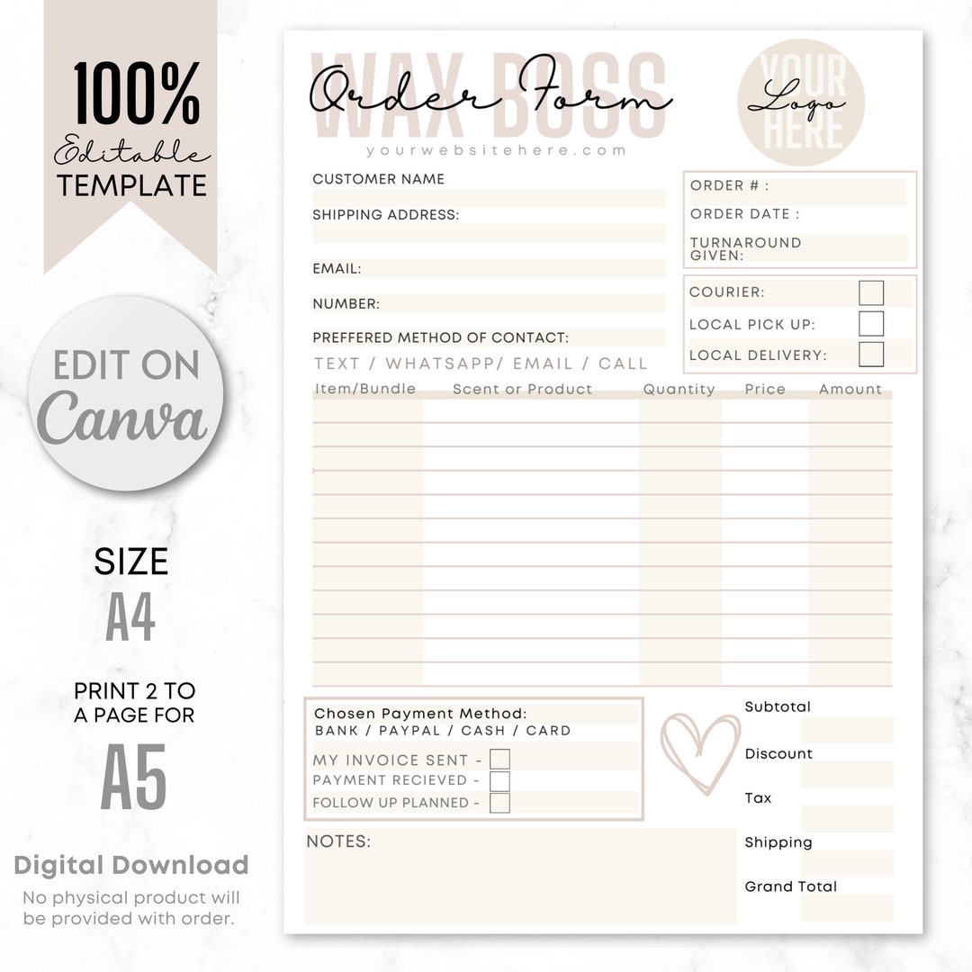 Custom Order Form Template Candle Wax Melt Small Business Digital ...
