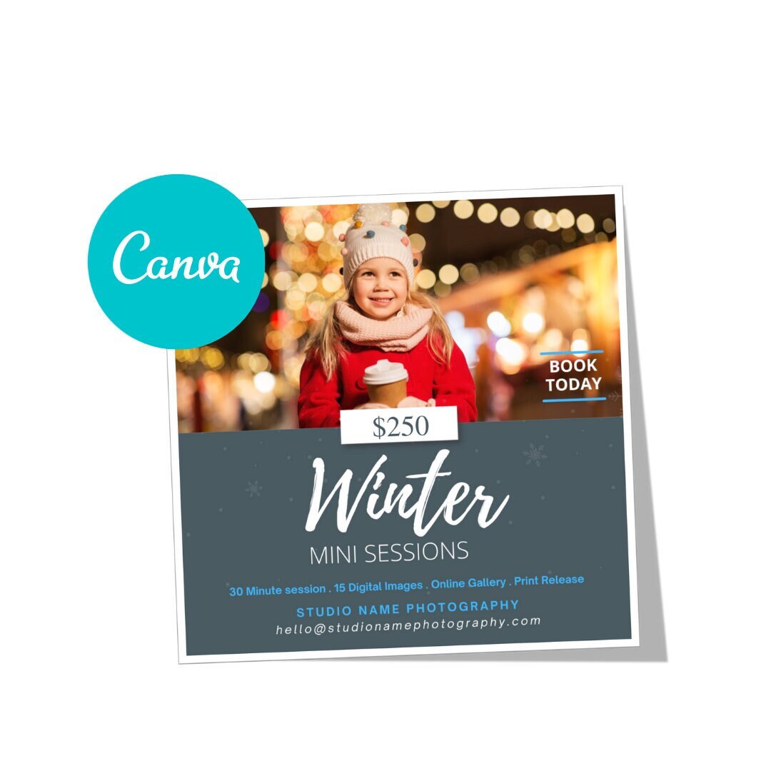 Winter, Snow Mini Session Template for CANVA, Photography Christmas ...