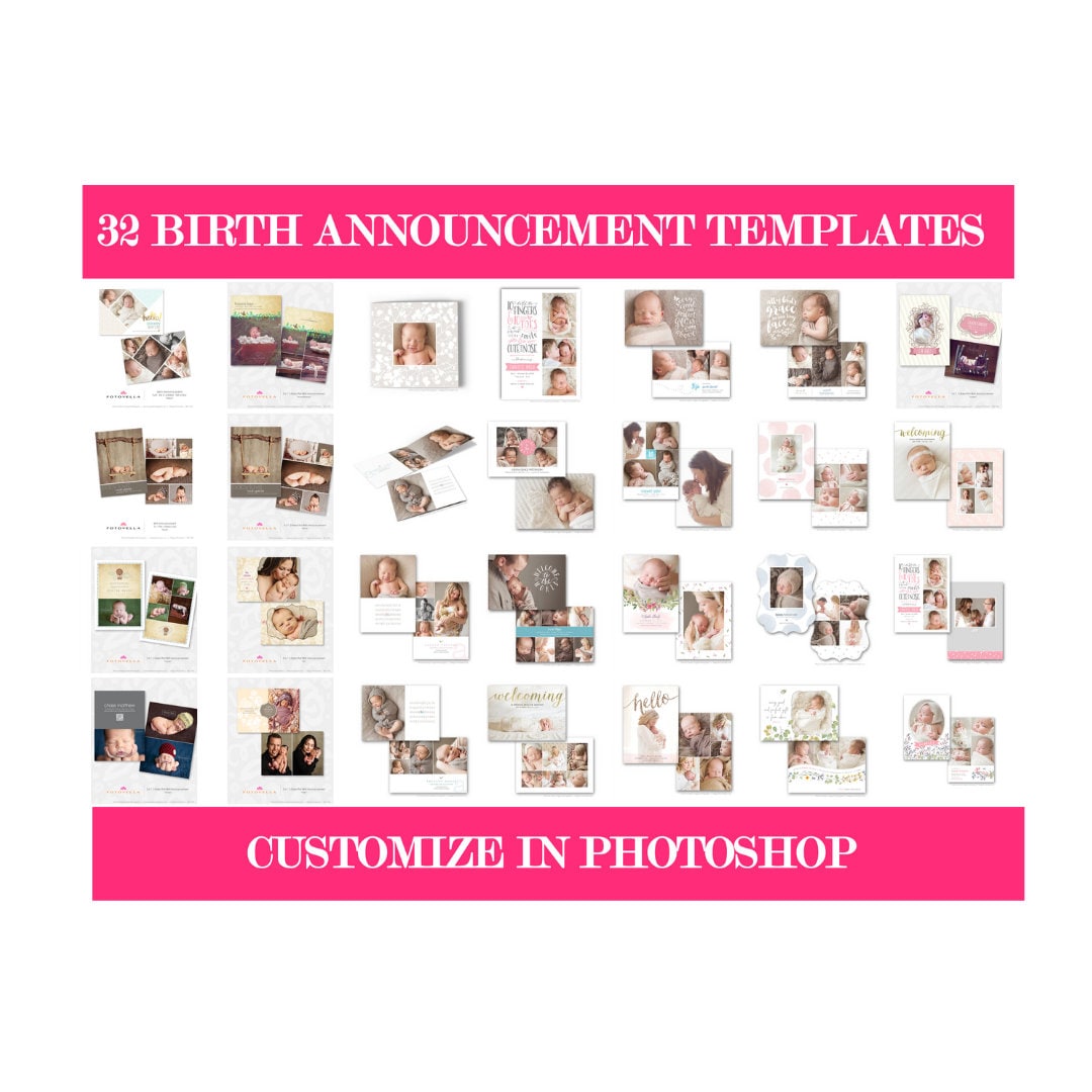 32 Birth Announcement Template Bundle for Photographers, PSD, Newborn ...