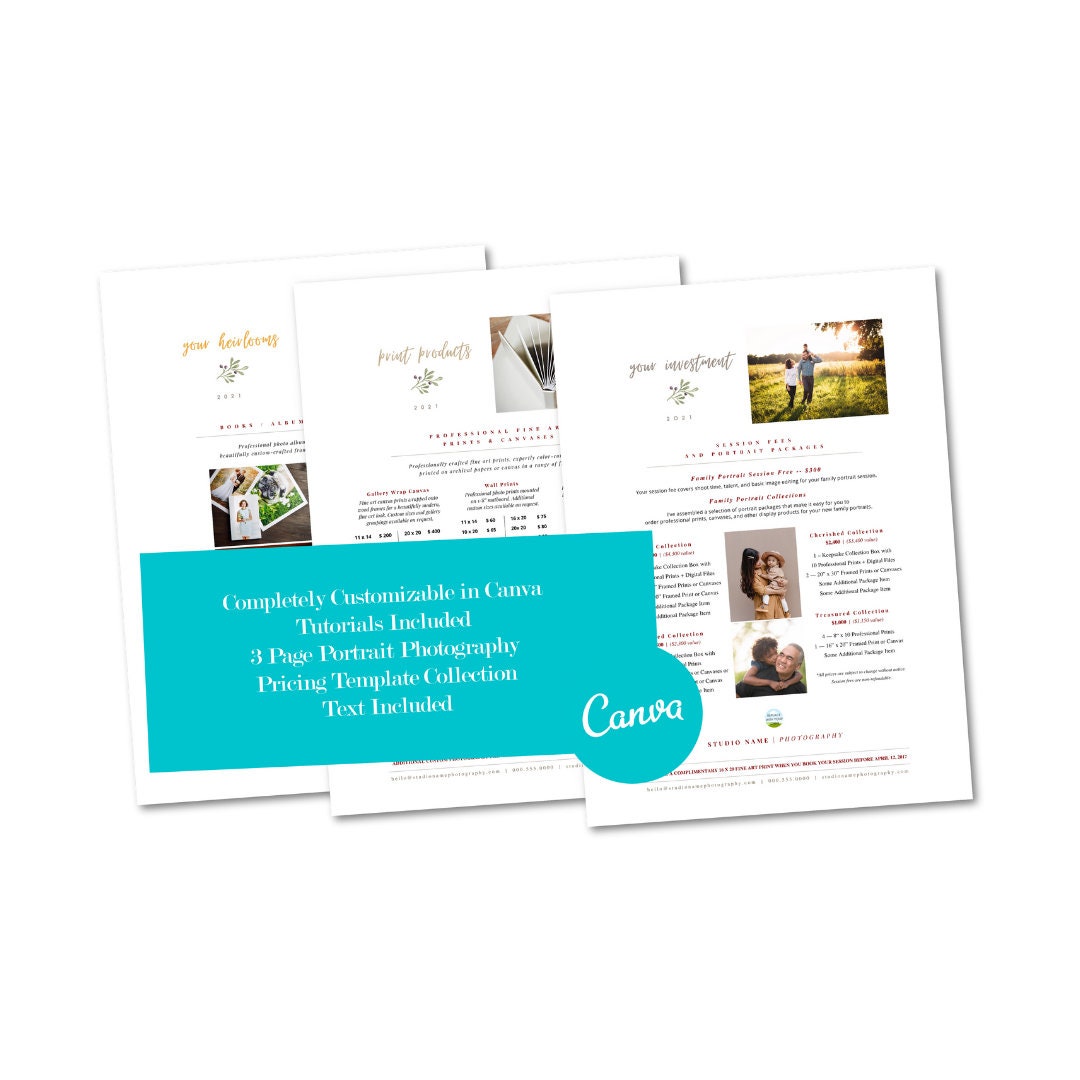 Portrait Photography Pricing Template, Canva Price List for ...