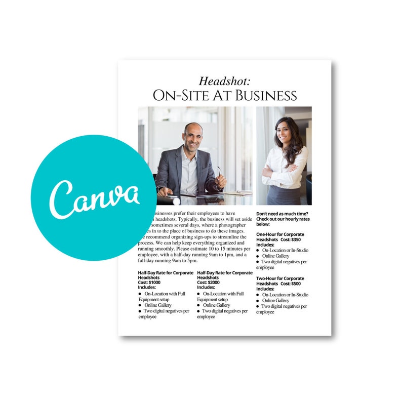 Headshot Photography Pricing Guide, Canva Template, Price List for ...
