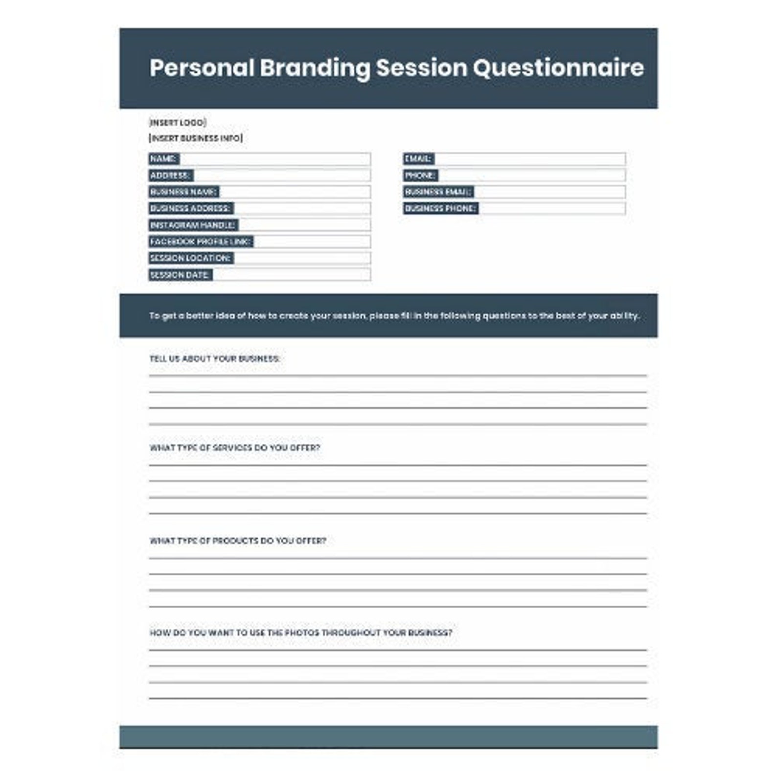Personal Branding Questionniare for Photographers - Etsy