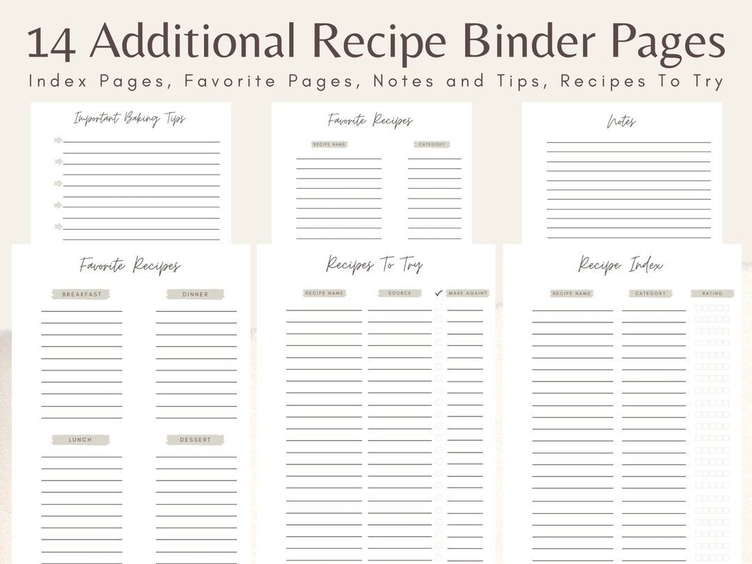 14 Printable Additional Recipe Binder Inserts, Farmhouse Recipe Binder ...