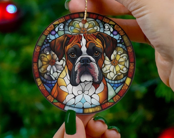 Stained Glass Printed Boxer Ceramic Ornament Round Beautiful Dog ...