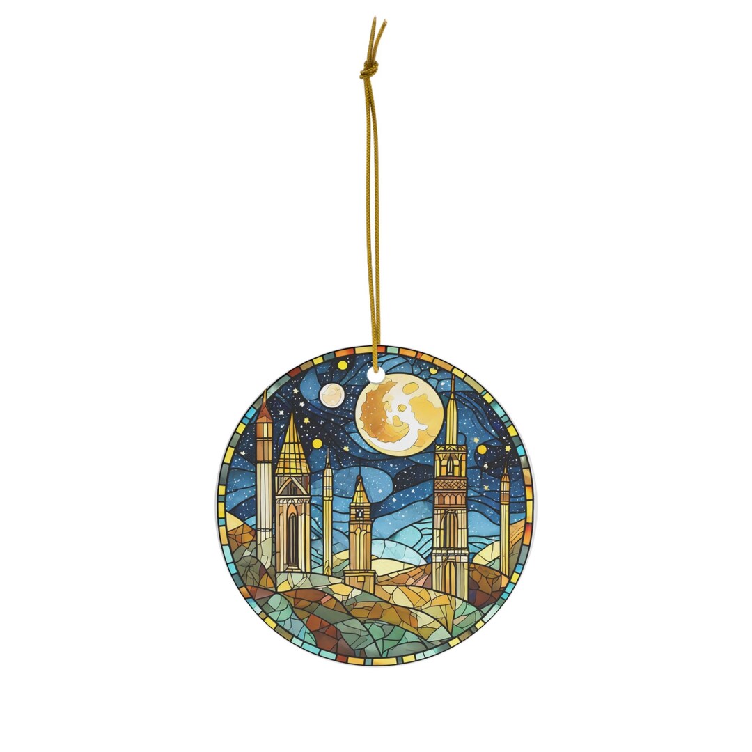 Stained Glass Printed Magical Night Ceramic Ornament Round Festive ...