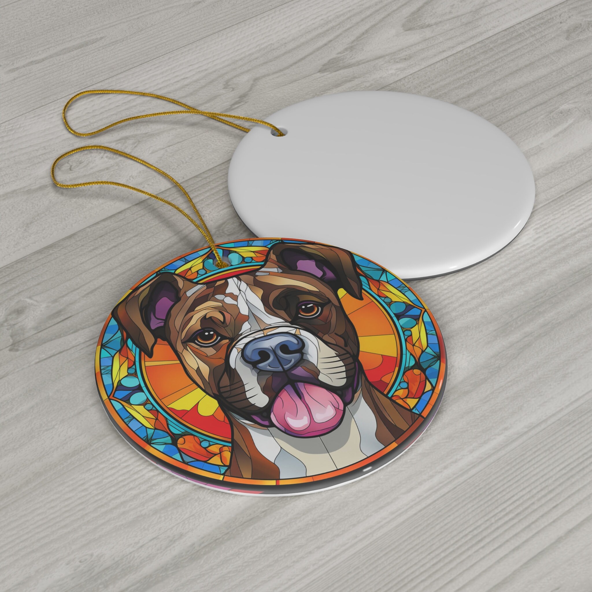 Stained Glass Printed Boxer Ceramic Ornament Round Beautiful Dog ...