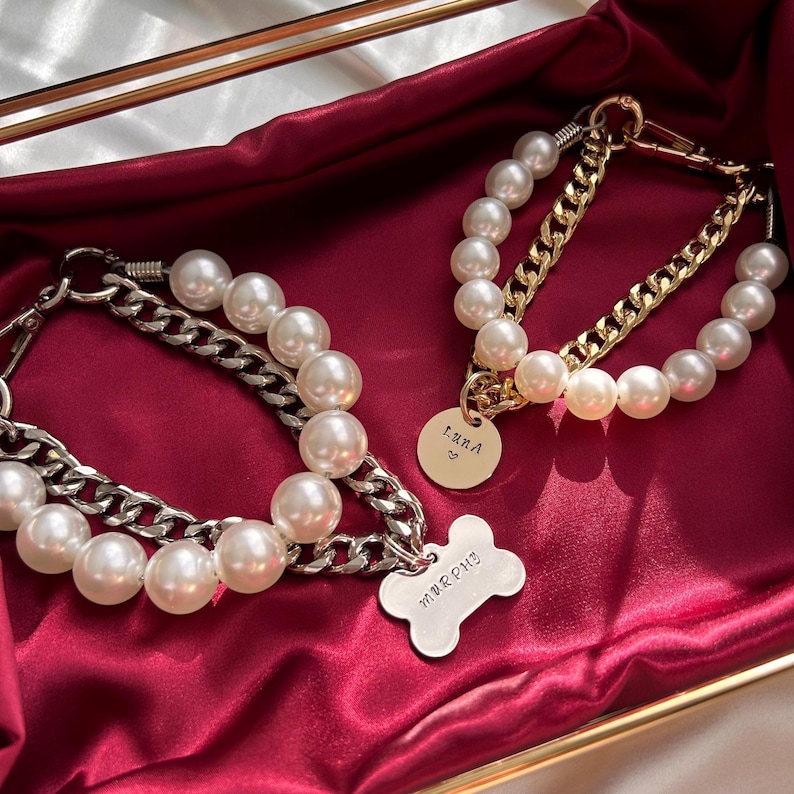 Custom Pearl Chain Dog Collar Necklace With Gold or Silver Pet Tag ...