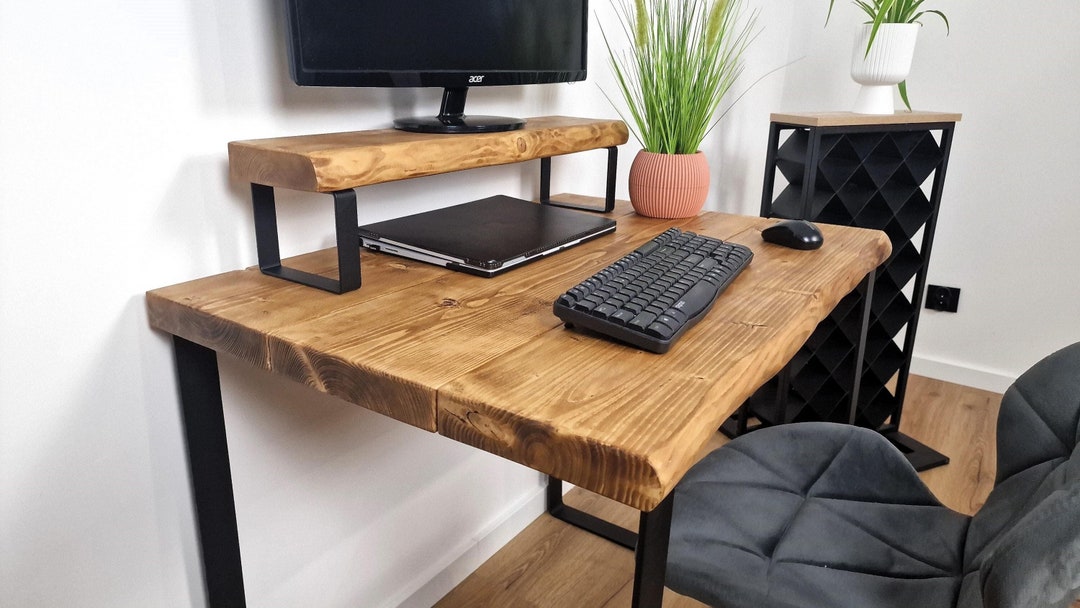 Rustic Live Edge Wooden Monitor Stand With Loft-style Metal Legs 17 Cm ...