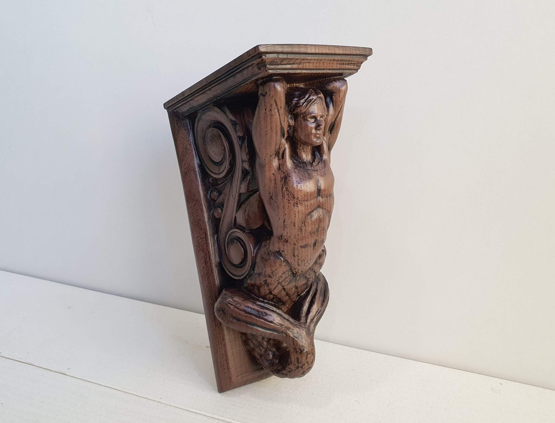 Corbel Merman of Wood, Sea Husband, Decorative Carved Wooden Corbel ...