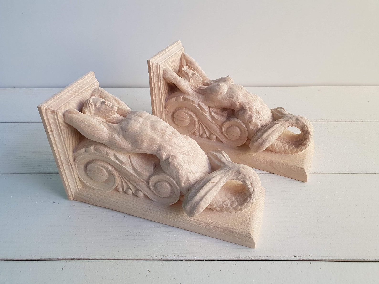 Pair of Carved Corbel Merman and Mermaid of Wood, Painted or Unpainted ...