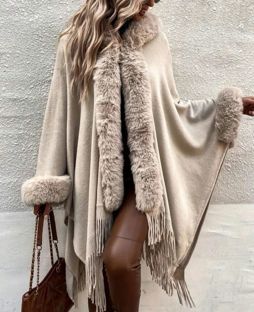 Luxurious Cozy Thermal Faux Fur Trim Cape Cardigan Stylish Open Front ...