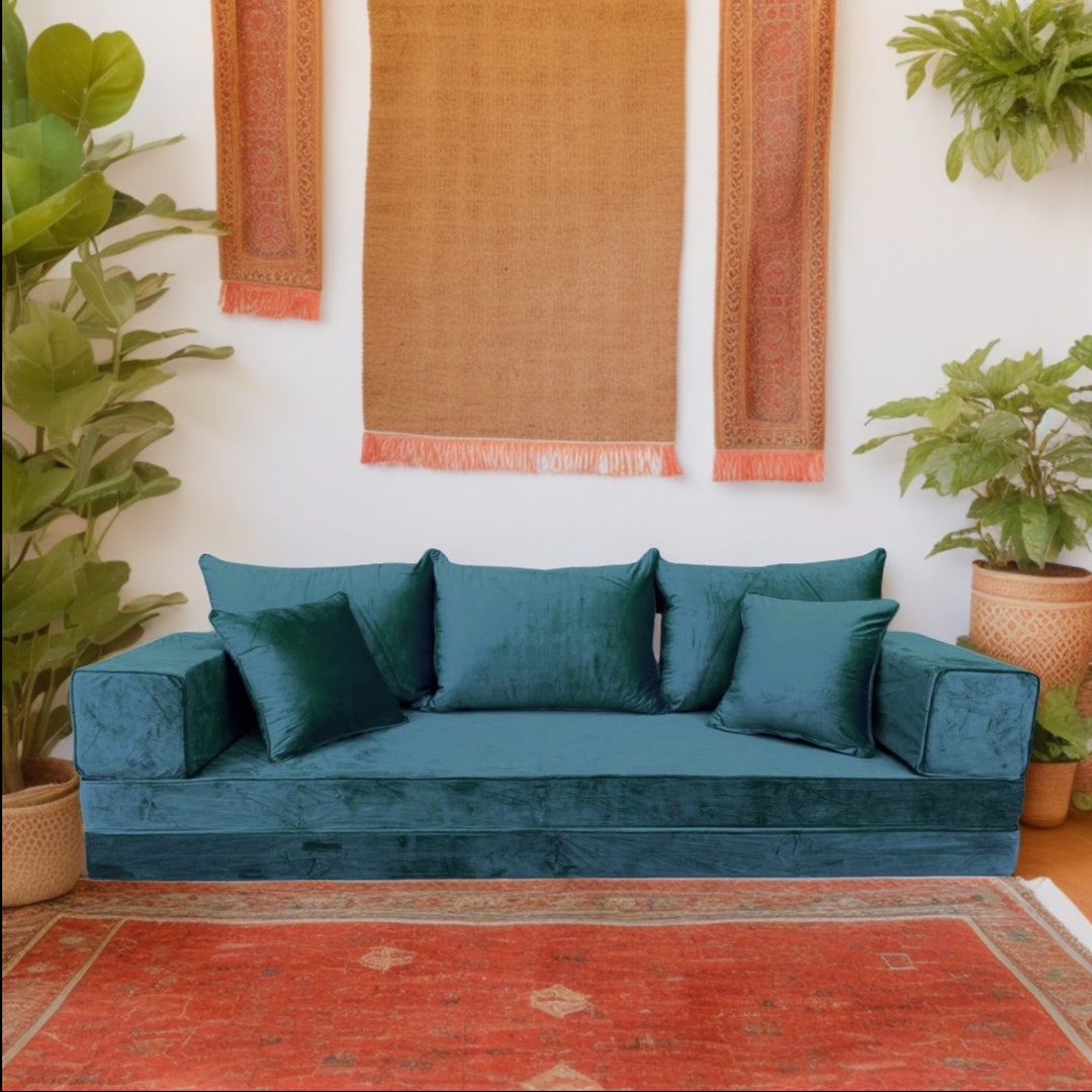 Arabic Majlis - Green Velvet Floor Sofa Set - Bohemian Lounge Seating ...
