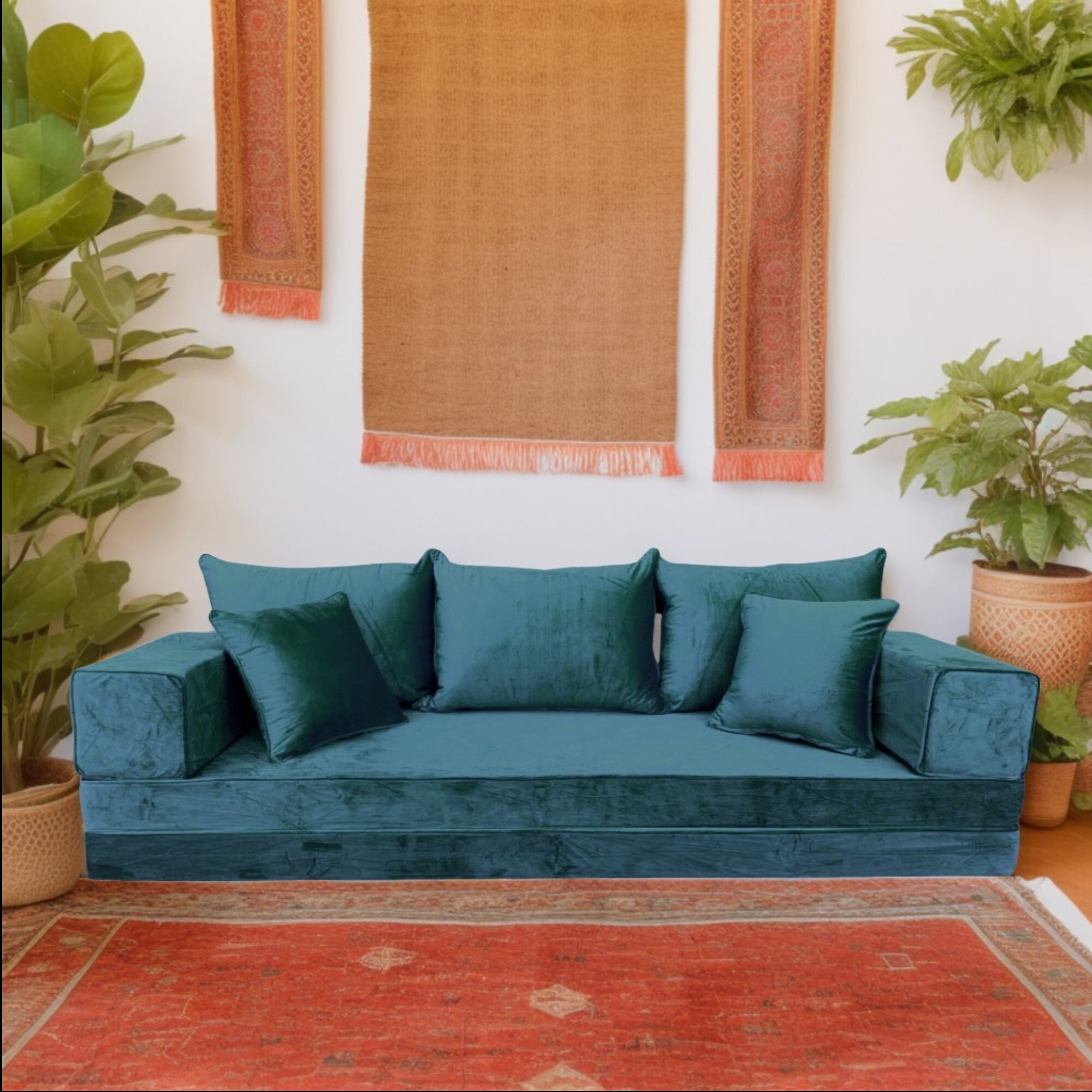 Arabic Majlis - Green Velvet Floor Sofa Set - Bohemian Lounge Seating ...