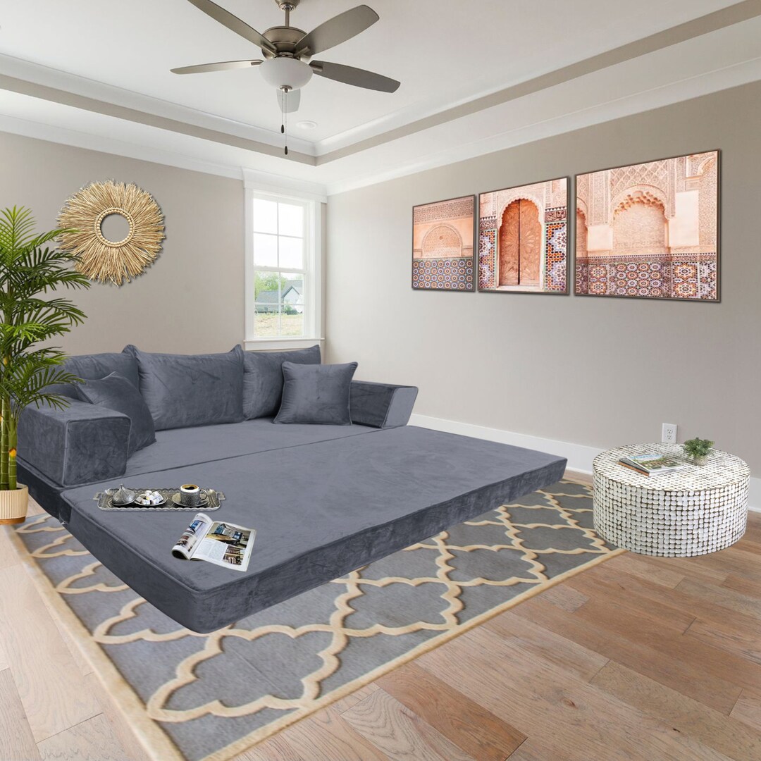 Modular Grey Velvet Floor Sofa Set Bohemian Lounge Seating - Etsy