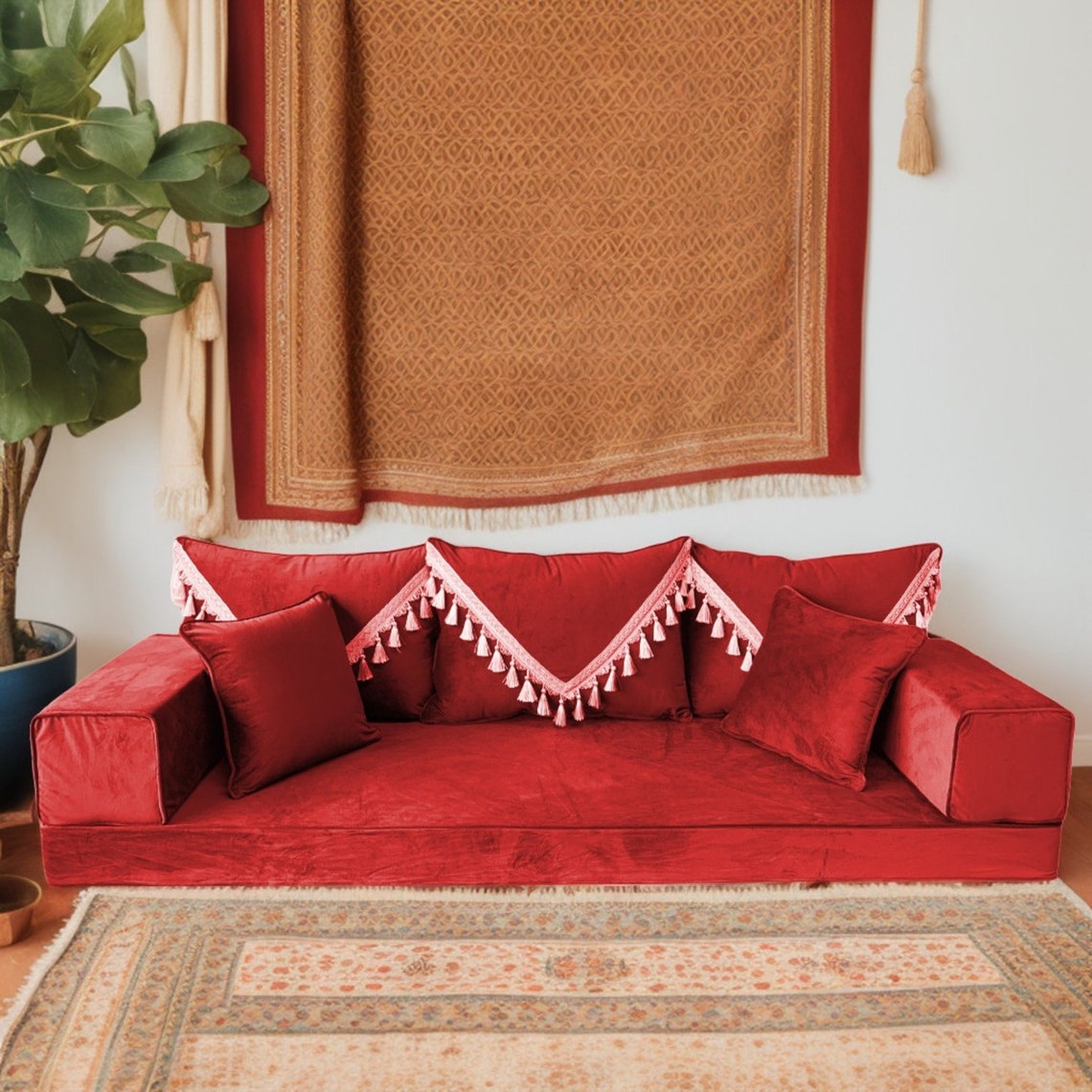 Moroccan Floor Sofa Set Arabic Majlis Seating, Bohemian Lounge Seating, Three Seater Velvet Sofa ...