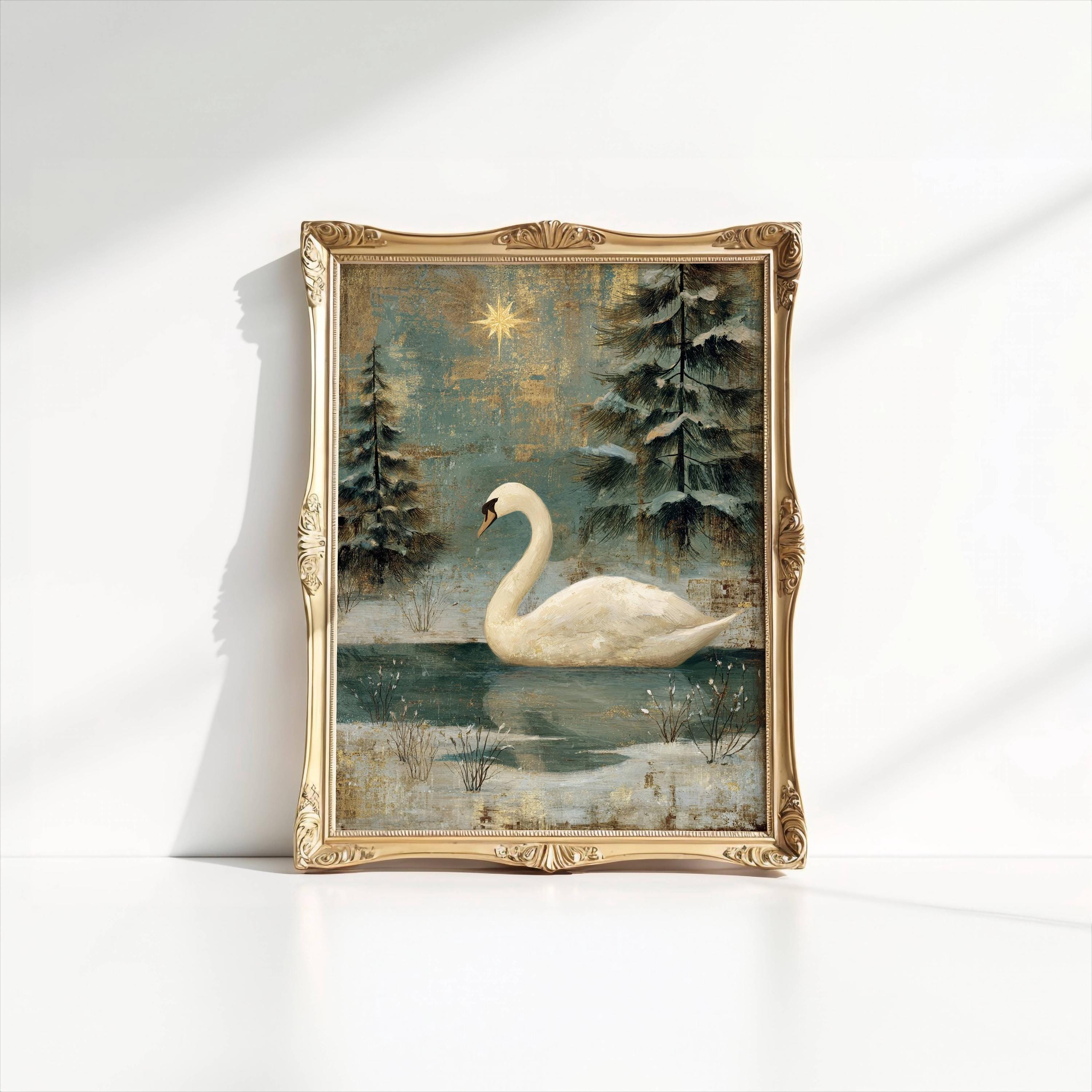 Vintage Christmas Swan Winter Holiday Wall Art Print, Rolled Poster ...