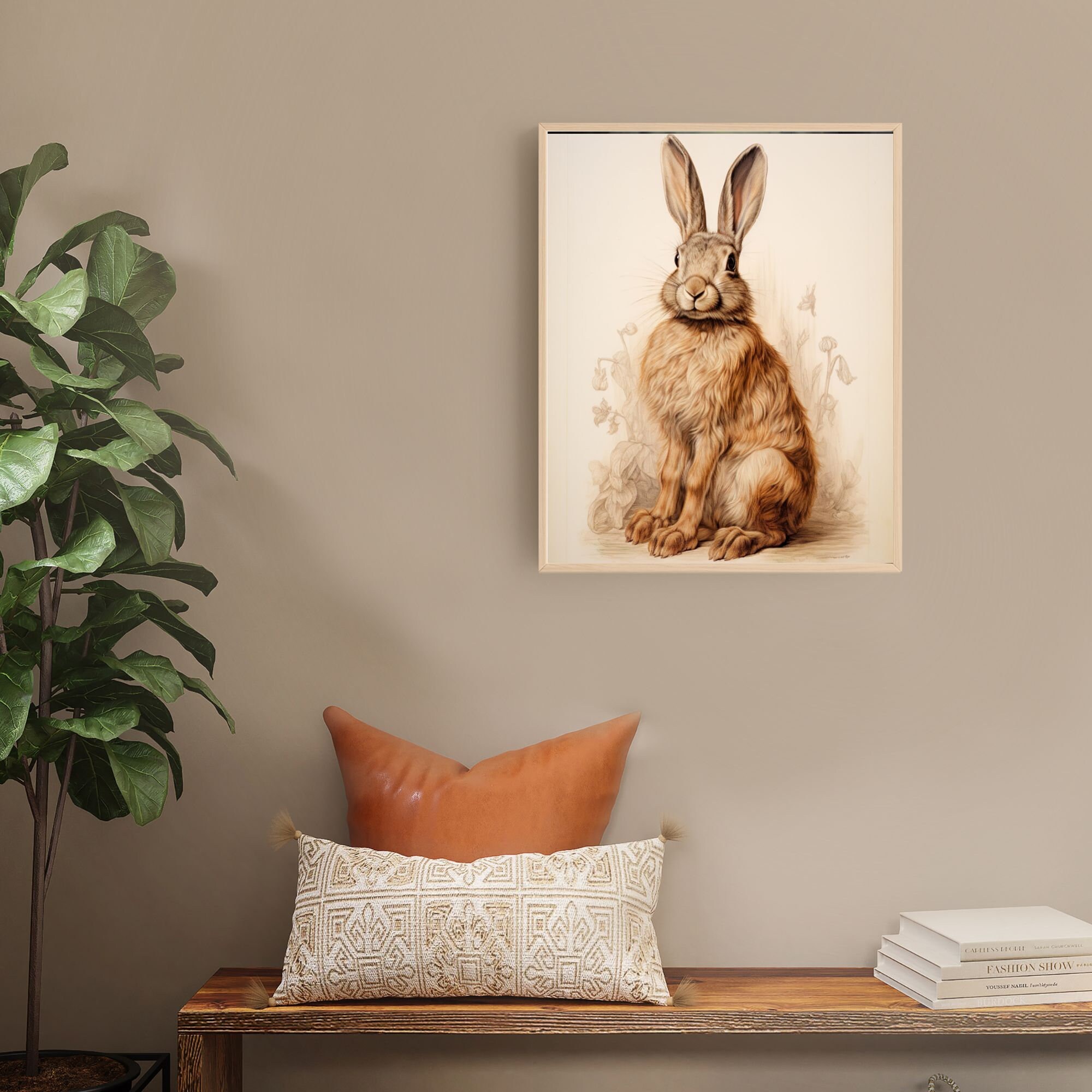 Vintage Brown Bunny Painting Floral Rabbit Portrait Animal Art Print ...