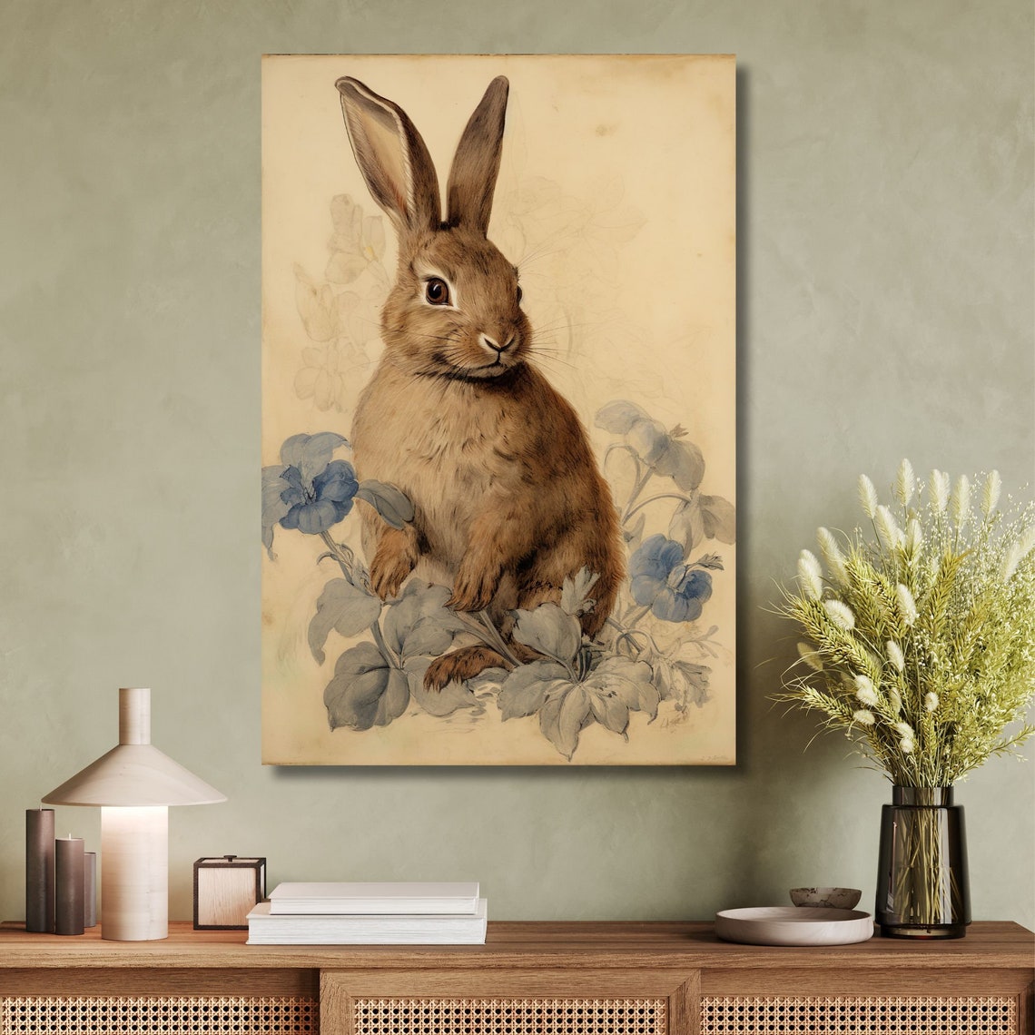 Cottagecore Vintage Bunny Painting Floral Rabbit Portrait Canvas ...