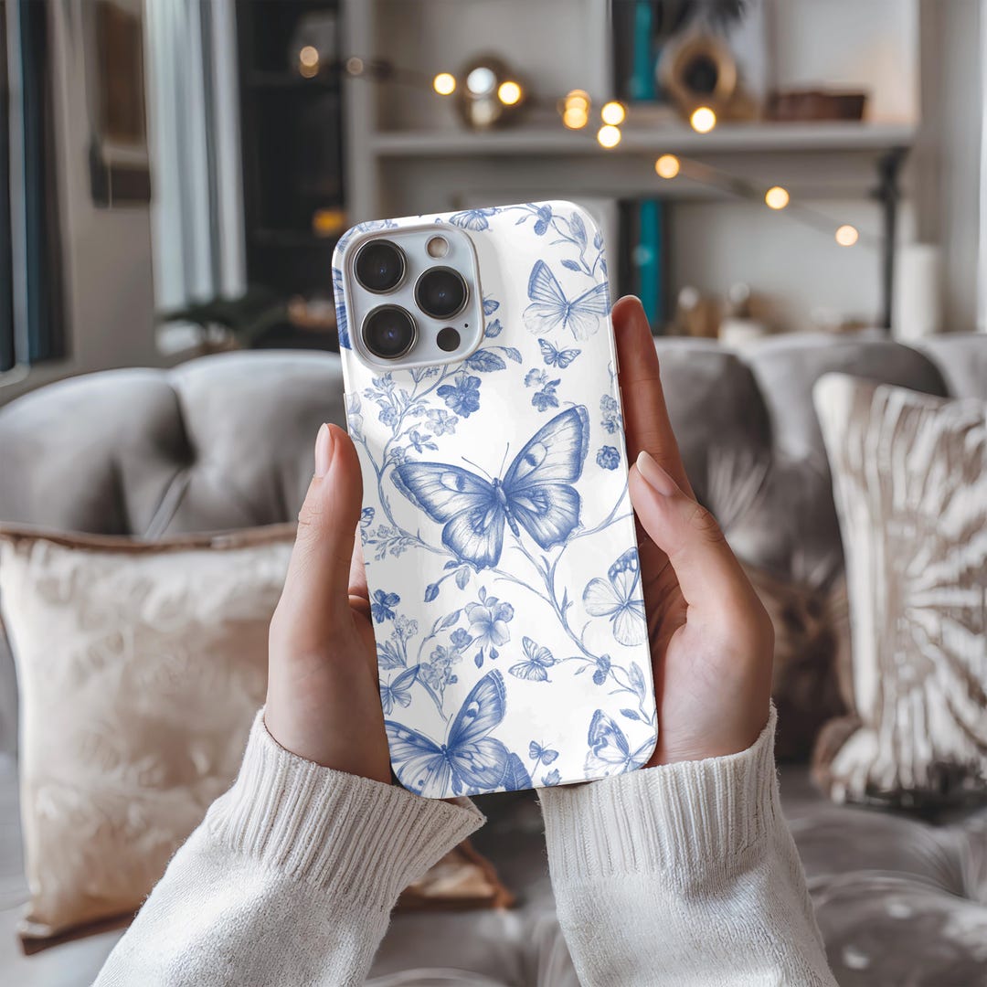 Toile Phone Case, Blue Floral Butterfly Design - Durable iPhone 16-8 ...