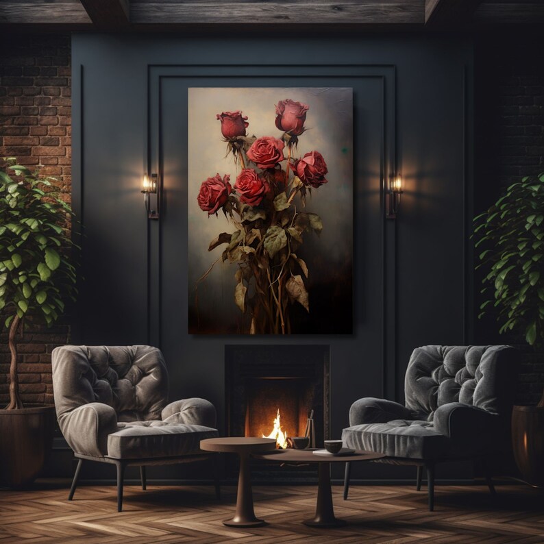 Enchanted Vintage Red Rose Oil Painting Print Antique Inspired Rustic ...