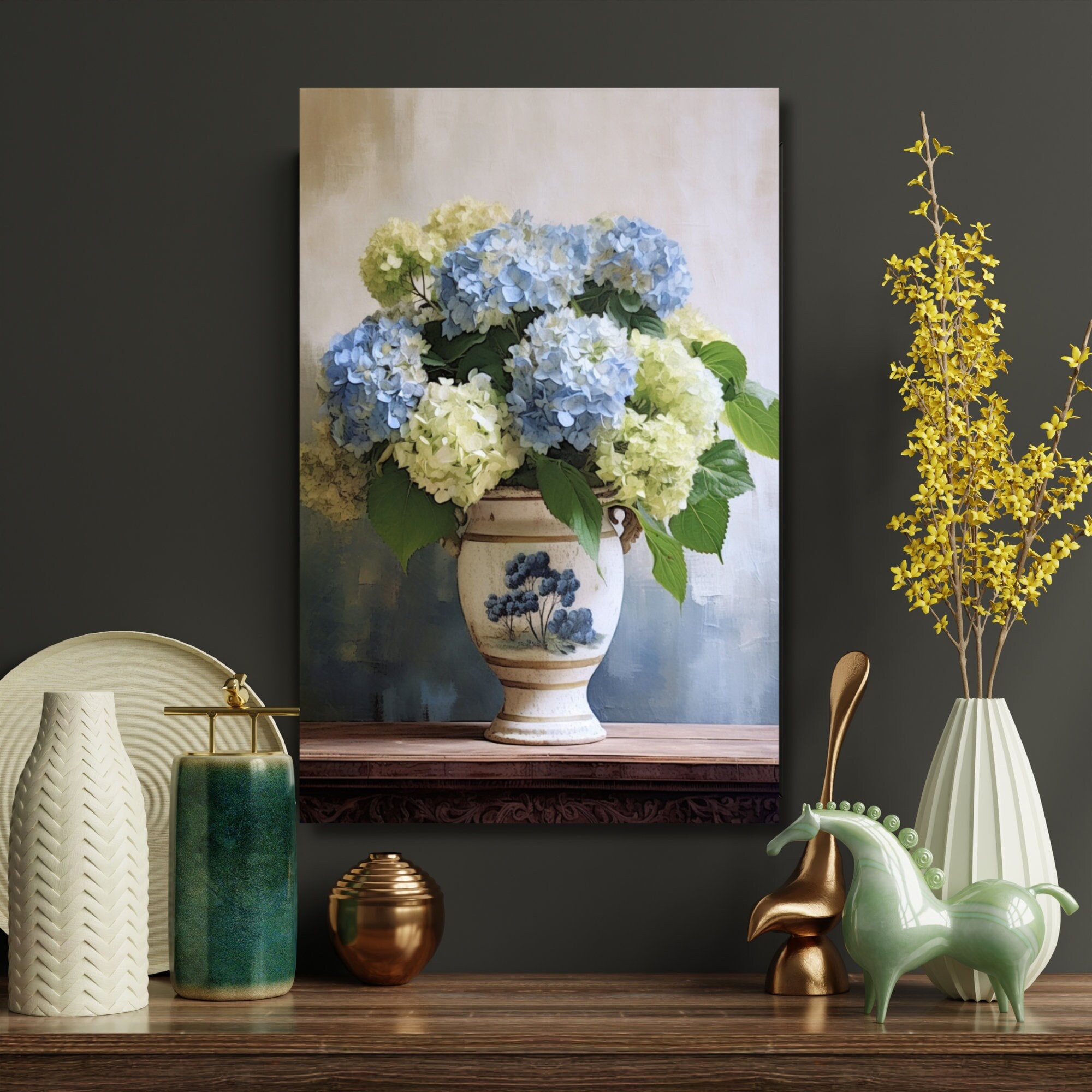 Hydrangea Oil Painting | Vintage Blue Hydrangeas Canvas Print | Antique ...