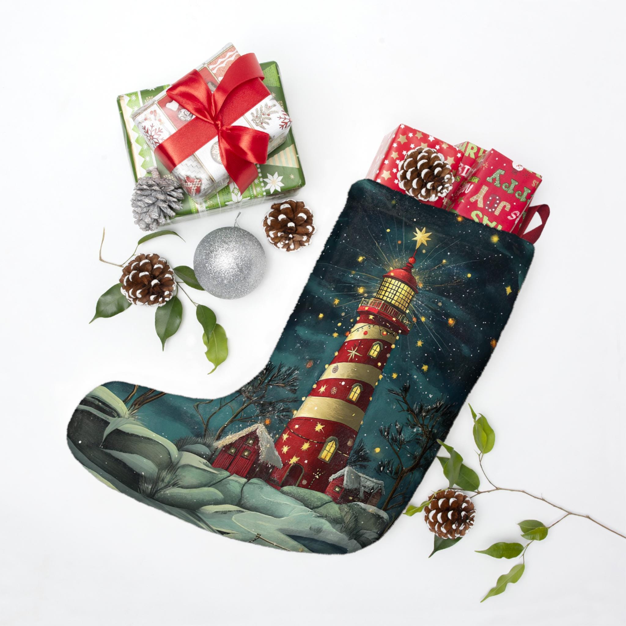 Winter Lighthouse Christmas Stocking - Festive Decor, Coastal Holiday ...