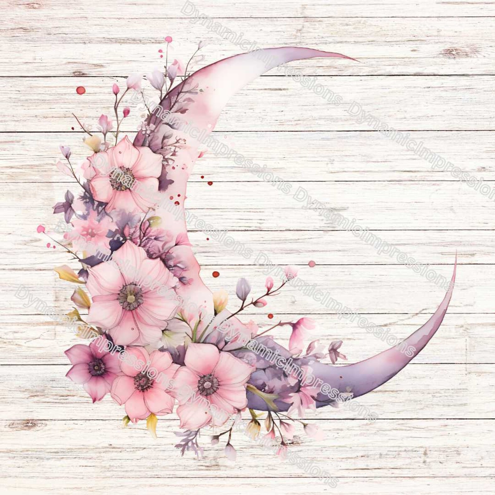 Pink Floral Crescent Moon Clip Art Celestial Lunar Design Instant ...