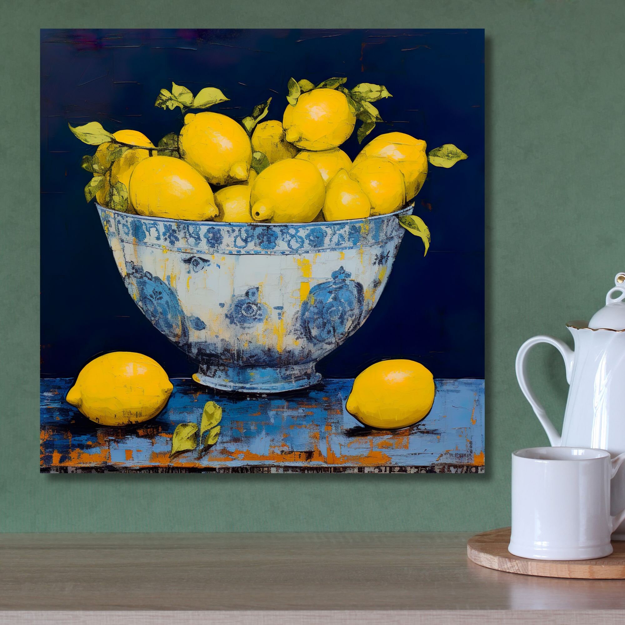 Vintage Rustic Still Life Oil Painting Lemons in a Porcelain Bowl ...