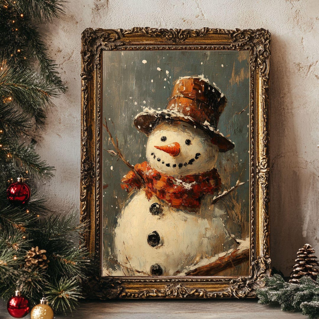 Vintage Antique Snowman Unframed Oil Painting Print | Christmas Home ...