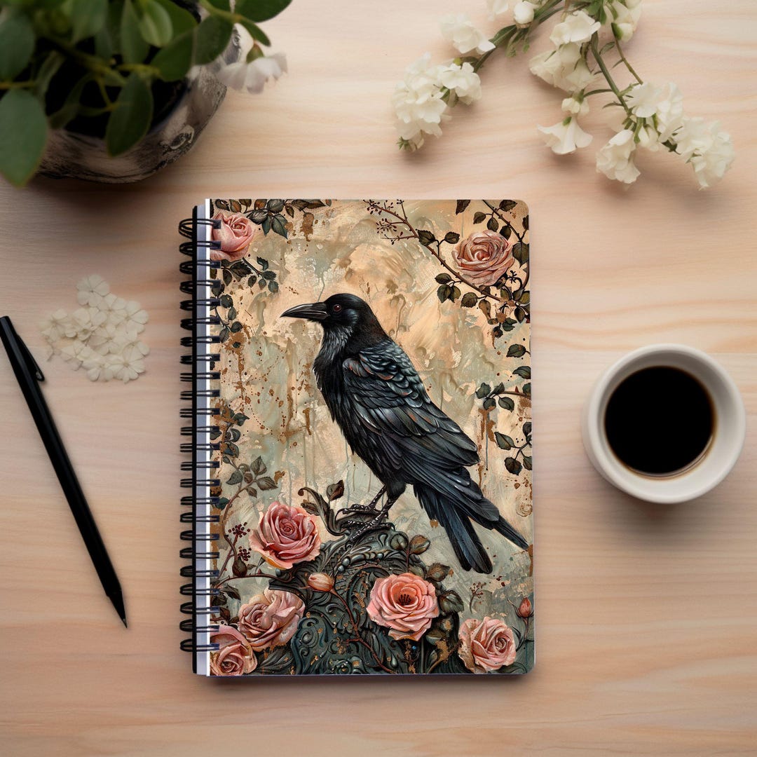 Raven and Roses Dark Cottagecore Notebook - Floral Notebook Spiral ...