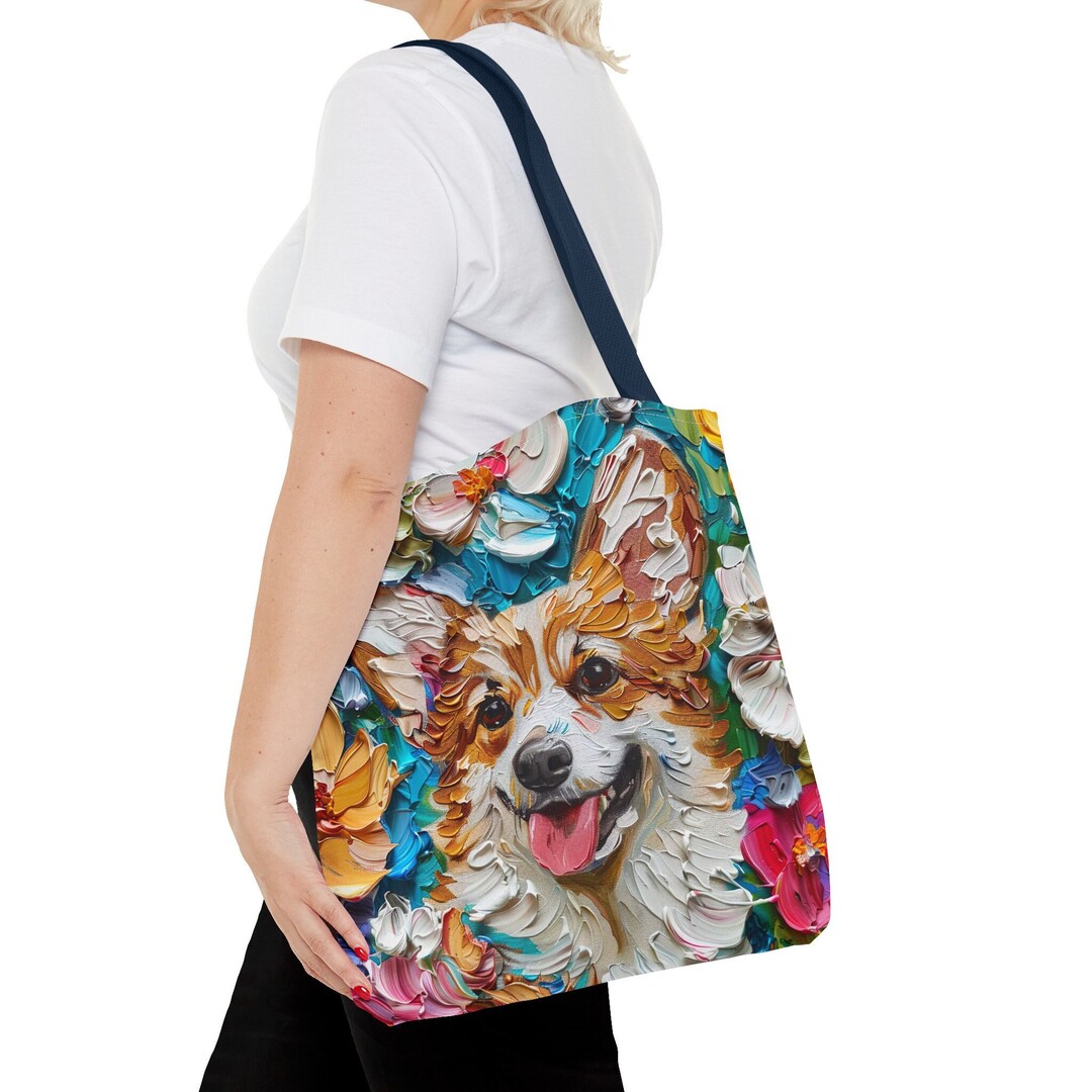 Impasto Style Pembroke Welsh Corgi Floral Tote Bag - Spun Polyester, 4 ...