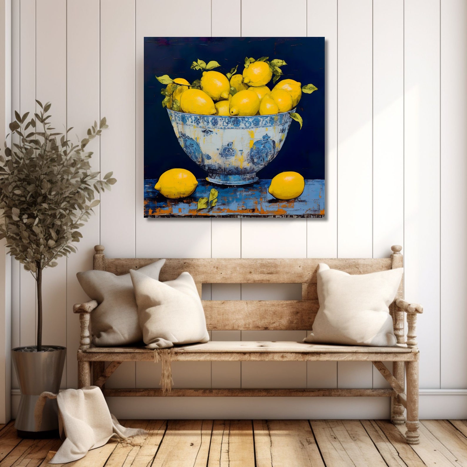 Vintage Rustic Still Life Oil Painting Lemons in a Porcelain Bowl ...
