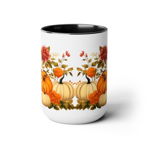 Fall Harvest Floral Pumpkin Mug | Autumn Themed 15oz Two-tone Ceramic ...