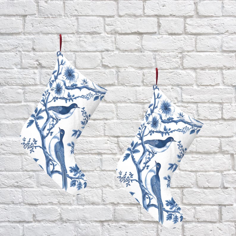 Chinoiserie Christmas Stocking - Blue Holiday Decor With Exotic Birds ...
