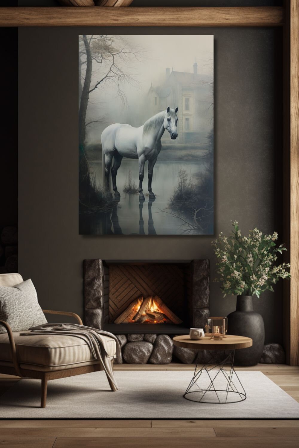 Enchanted White Horse by the Misty Mansion - Antique White Horse Oil ...