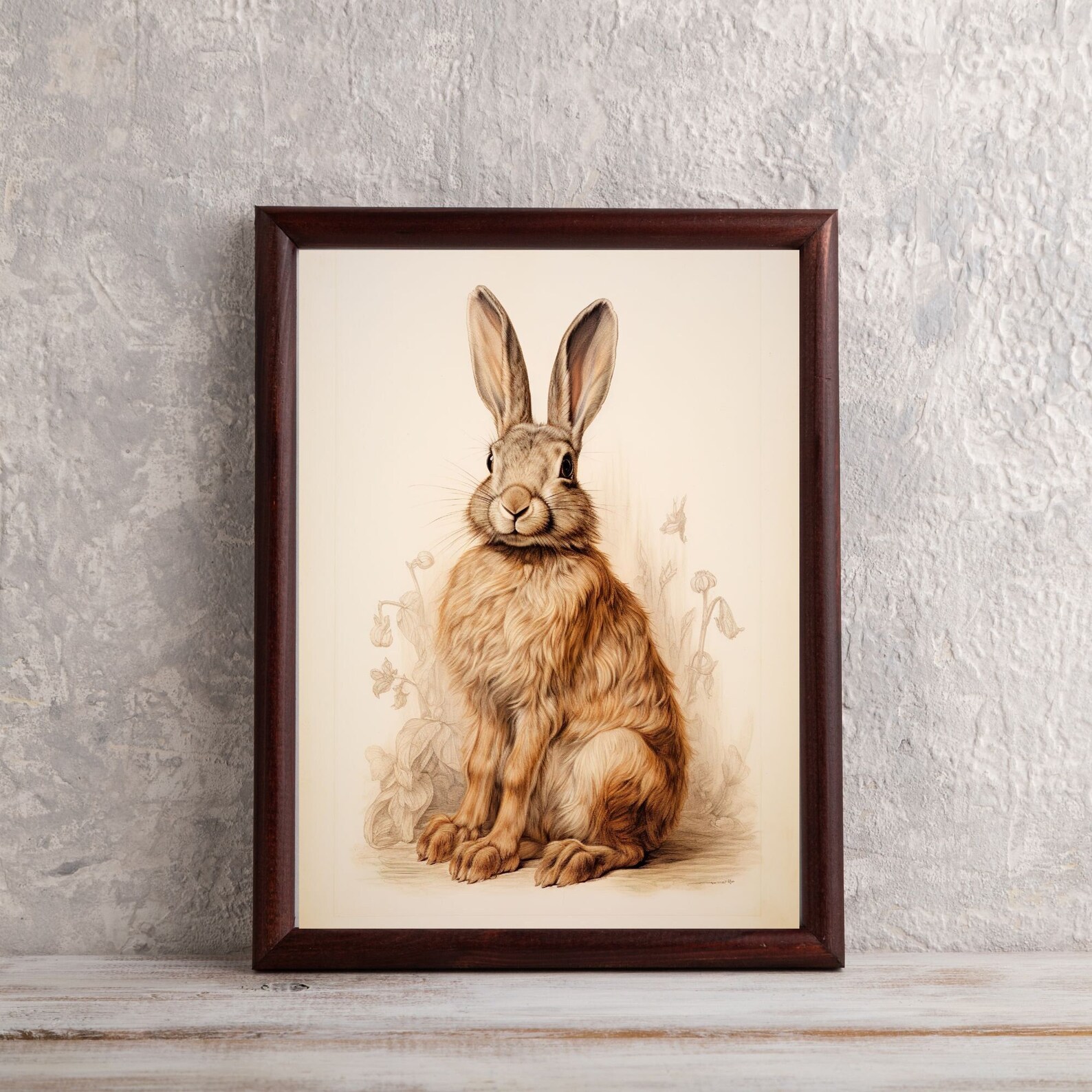 Vintage Brown Bunny Painting Floral Rabbit Portrait Animal Art Print ...