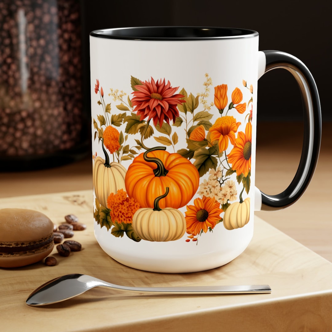 Fall Harvest Floral Pumpkin Mug | Autumn Themed 15oz Two-tone Ceramic ...