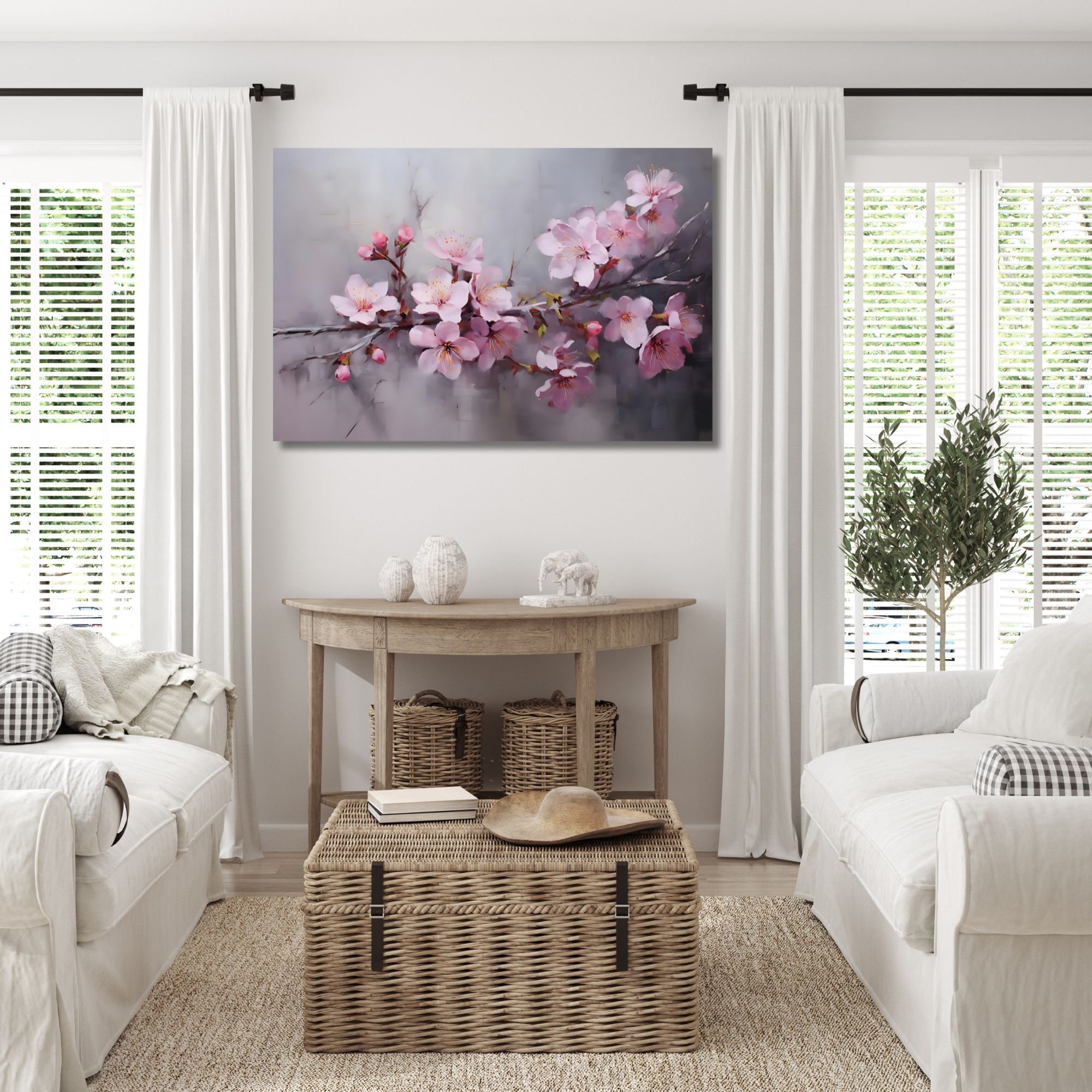 Feng Shui Pink Japanese Cherry Blossom Floral Oil Painting | Canvas ...