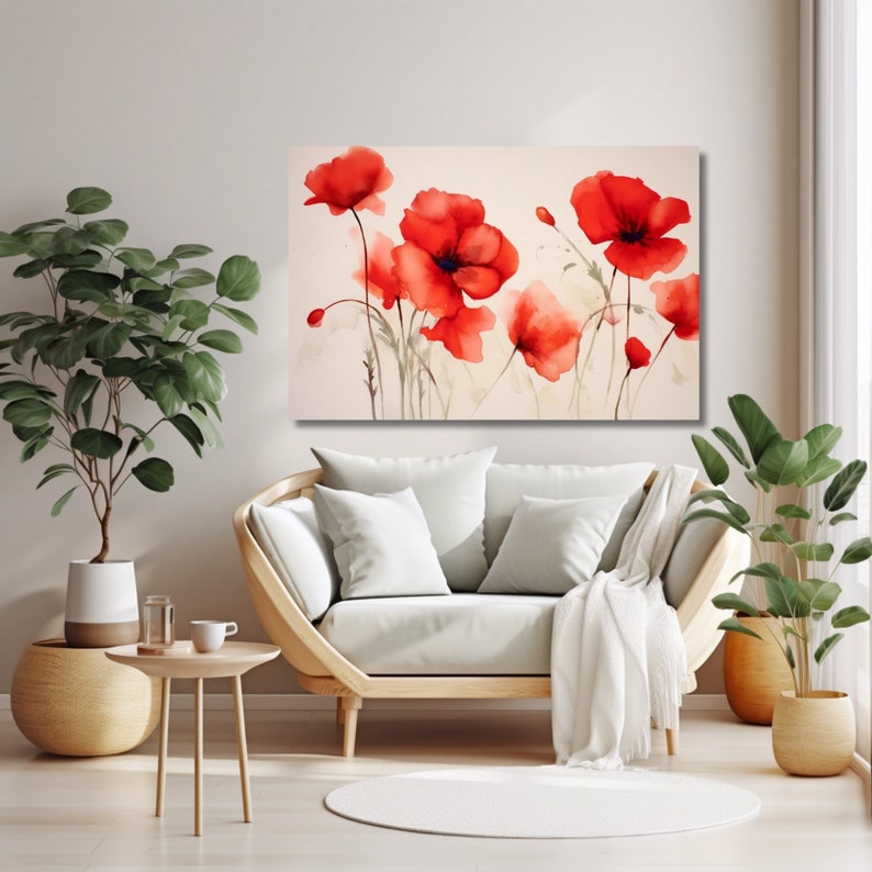 Feng Shui Watercolor Red Poppies Canvas Art Print Modern Floral Wall ...