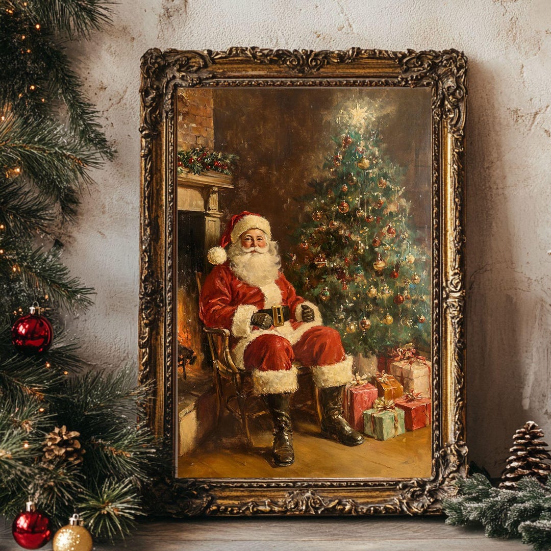 Vintage Santa Claus Christmas Poster - Antique Holiday Oil Painting ...