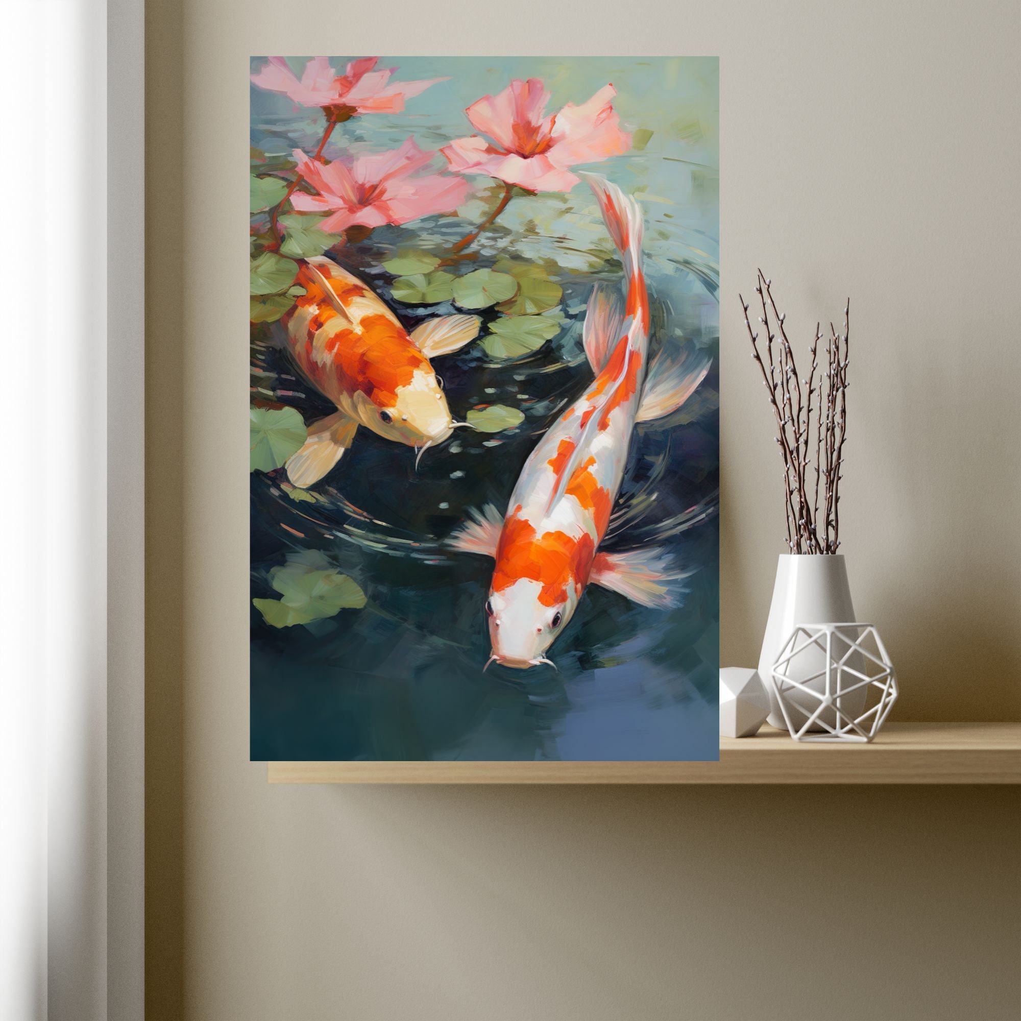 Lucky Koi Fish Lotus Pond Feng Shui Oil Painting Feng Shui Art Koi ...