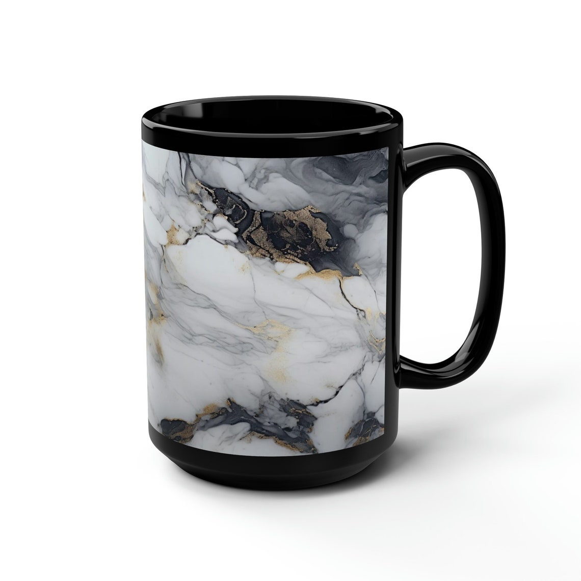 Marble Coffee Mug - 15 Oz Black Ceramic With Easy-grip Handle - Modern ...