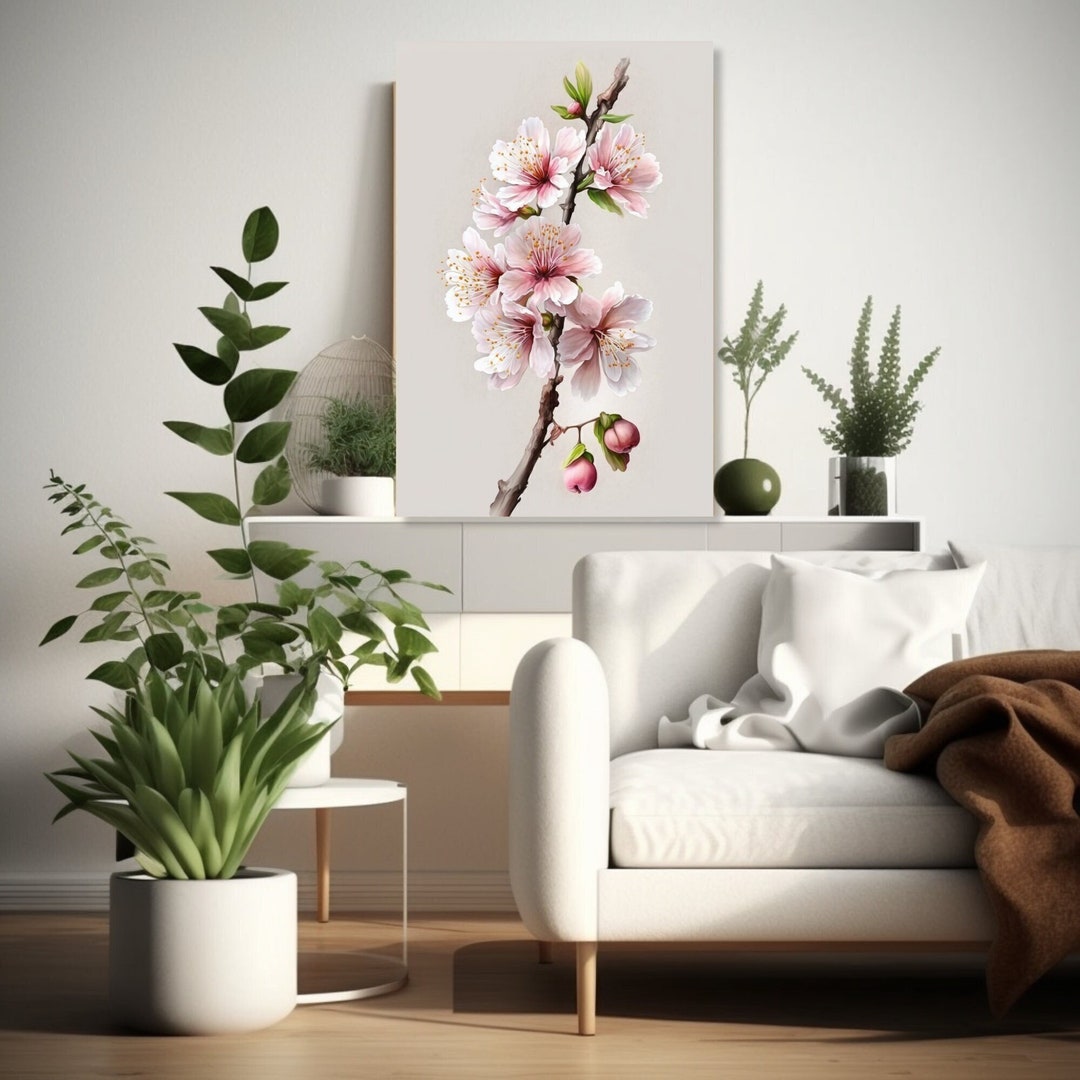 Watercolor Japanese Feng Shui Sakura Pink Cherry Blossom Branch Canvas ...